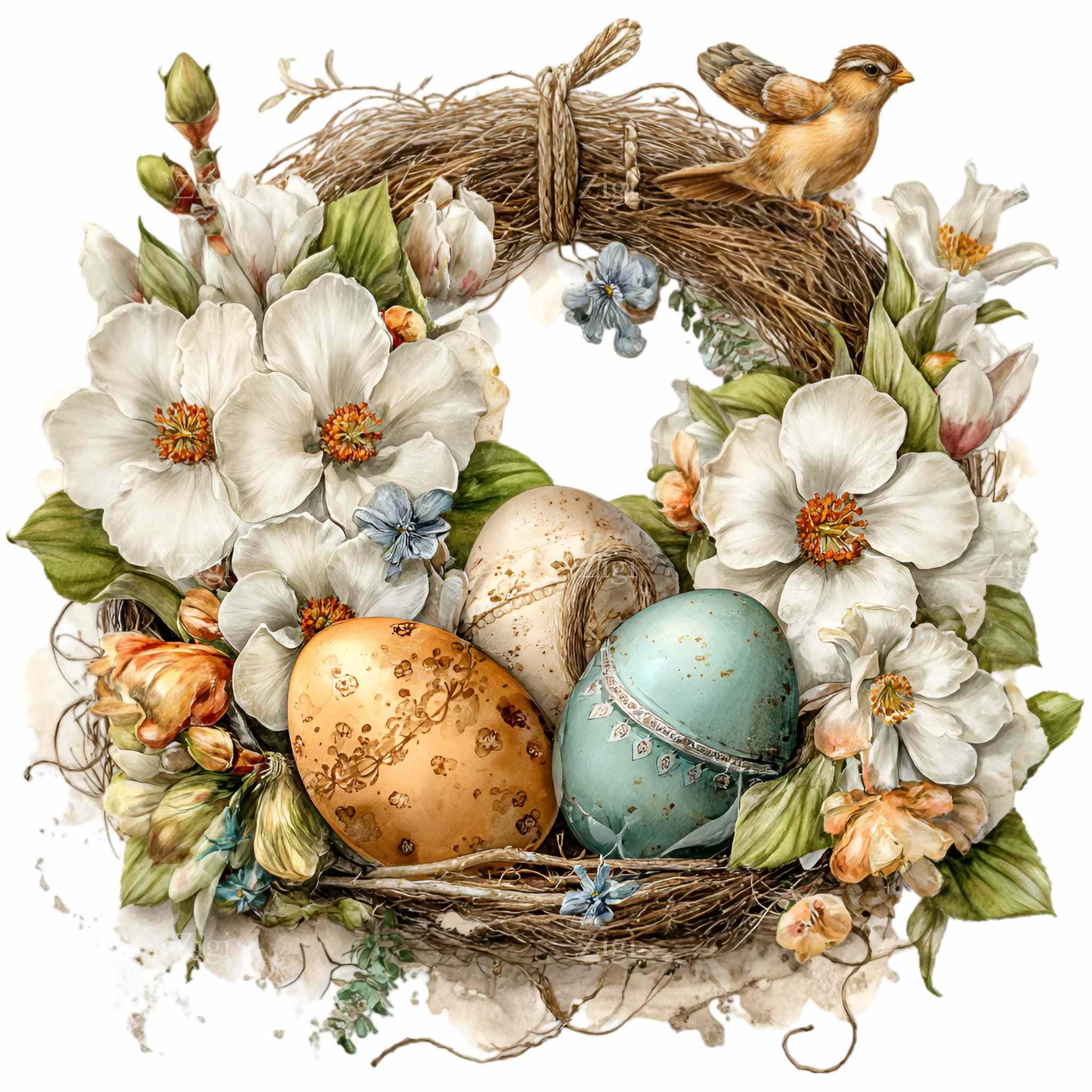 15 PNG Easter Wreath Clipart – Spring Floral Nest With Eggs and Bird ...