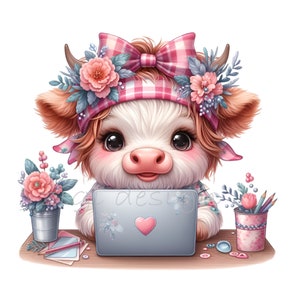 10 Highland Cow With Laptop PNG Clipart, Artistic Cow Illustration ...