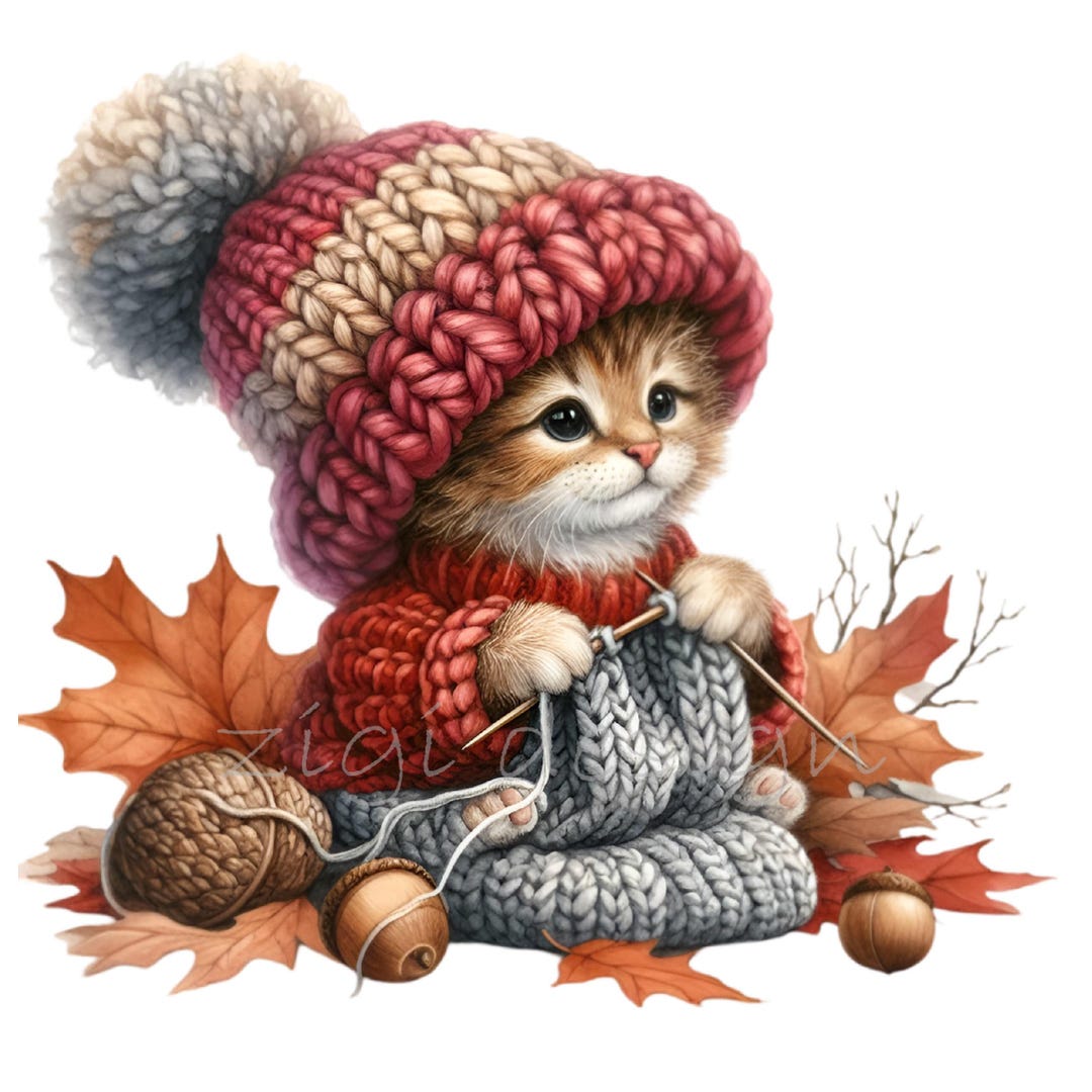 Knitting Kitten Clipart, 10 Cute Autumn Cat PNG for Fall Crafts ...