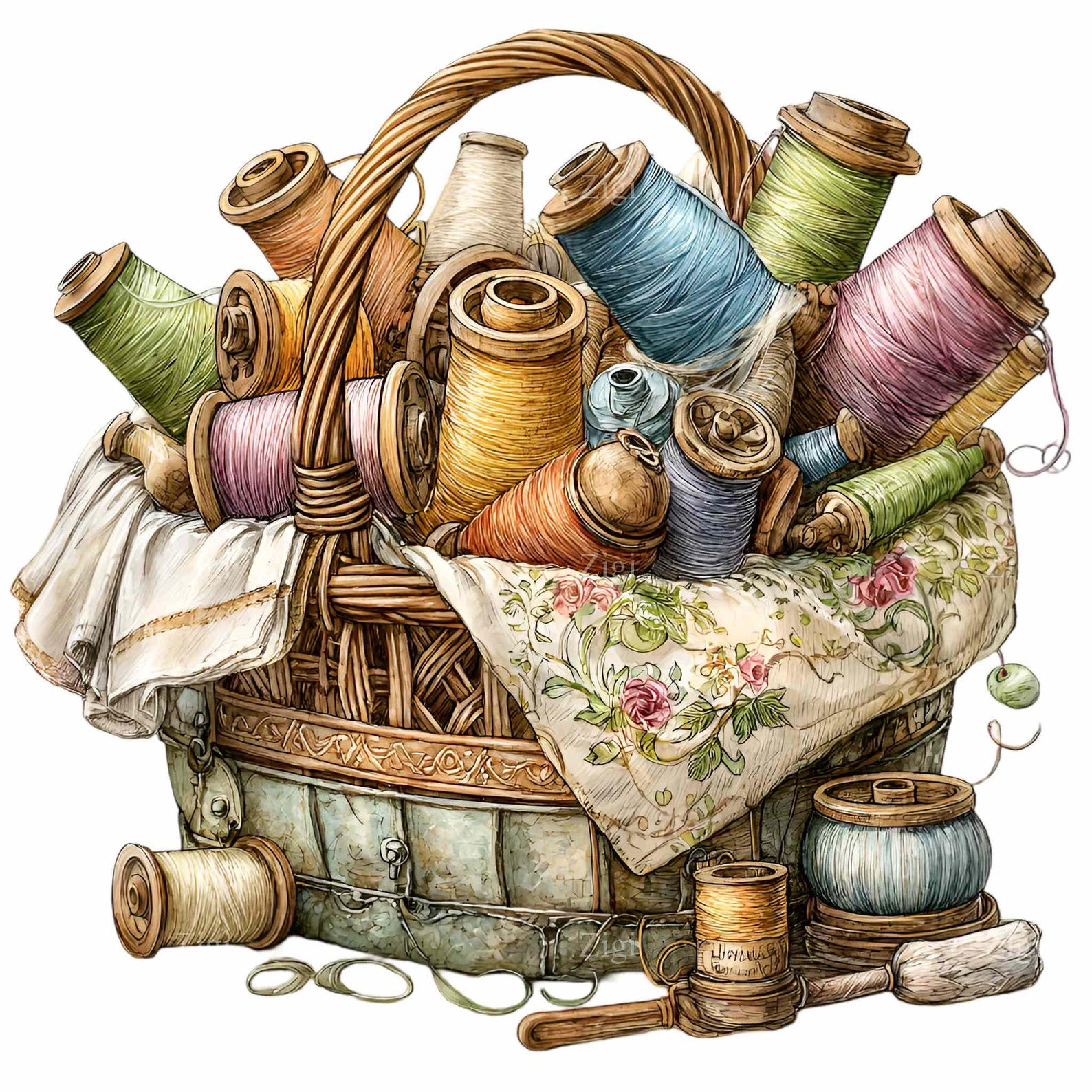 11 PNG Vintage Sewing Basket, Thread Spools Clipart, Craft Room ...