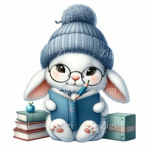 Cute Reading Bunny Clipart, 12 Adorable Rabbit With Books and Glasses ...