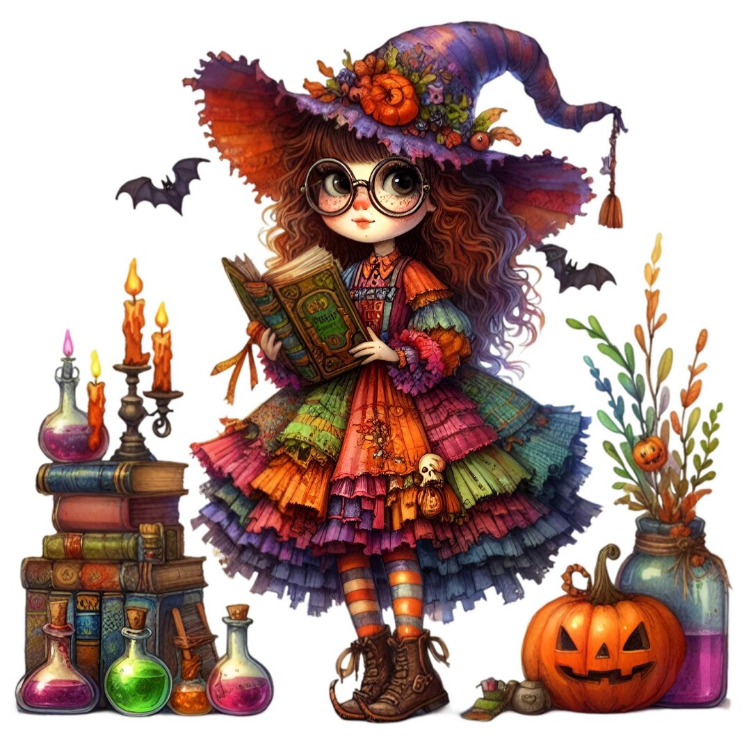 Witch Reading Spellbook Clipart 18 Halloween Magic Art PNG Colorful ...