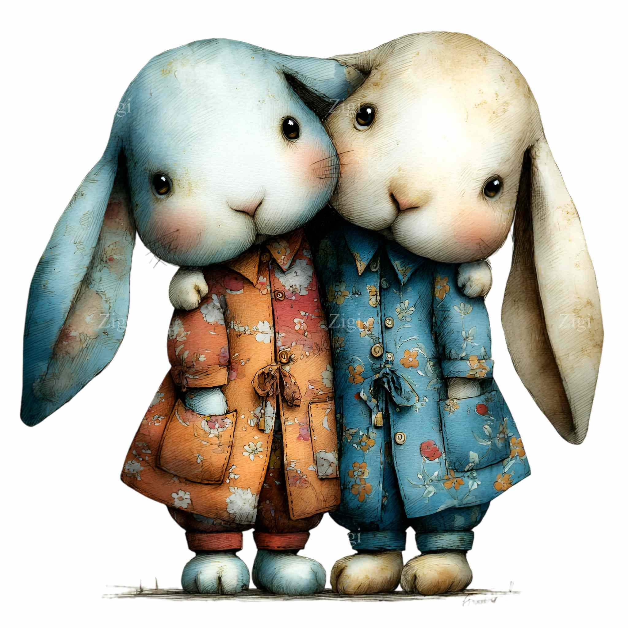 16 PNG Whimsical Bunny Couple Clipart, Floral Rabbit Illustration ...