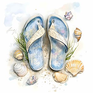 24 JPG Beach Flip Flops Illustration Watercolor, Seashell Summer ...