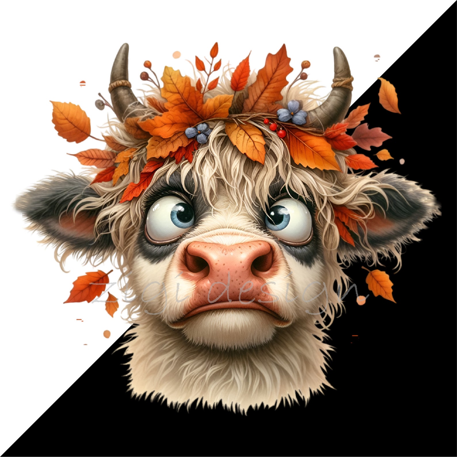 Funny Cow Fall Leaves Clipart, 15 PNG Farm Autumn Cartoon Illustration ...