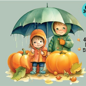 Fall Rain Clipart PNG Watercolor Pumpkin Umbrella Sublimation - Etsy