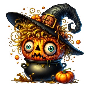 Halloween Pumpkin Witch Clipart 10 PNG, Spooky Pumpkin in Cauldron ...