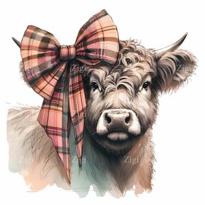 Highland Cow PNG Clipart, 12 White Angus Calf With Plaid Scarf and Bow ...