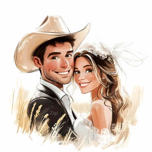 28 JPEG Western Wedding Couple Clipart, Cowboy Bride Cartoon JPEG ...
