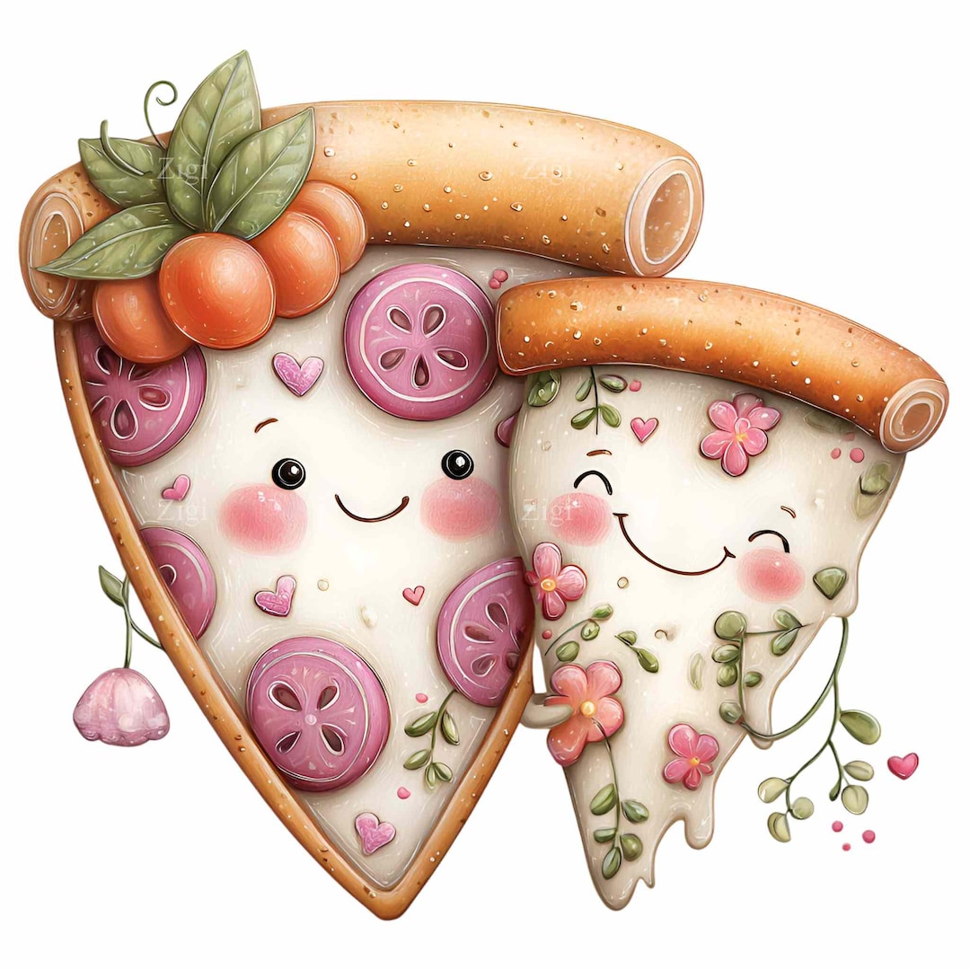 16 PNG Cute Pizza Clipart – Kawaii Couple Slice PNG for Valentine Cards ...