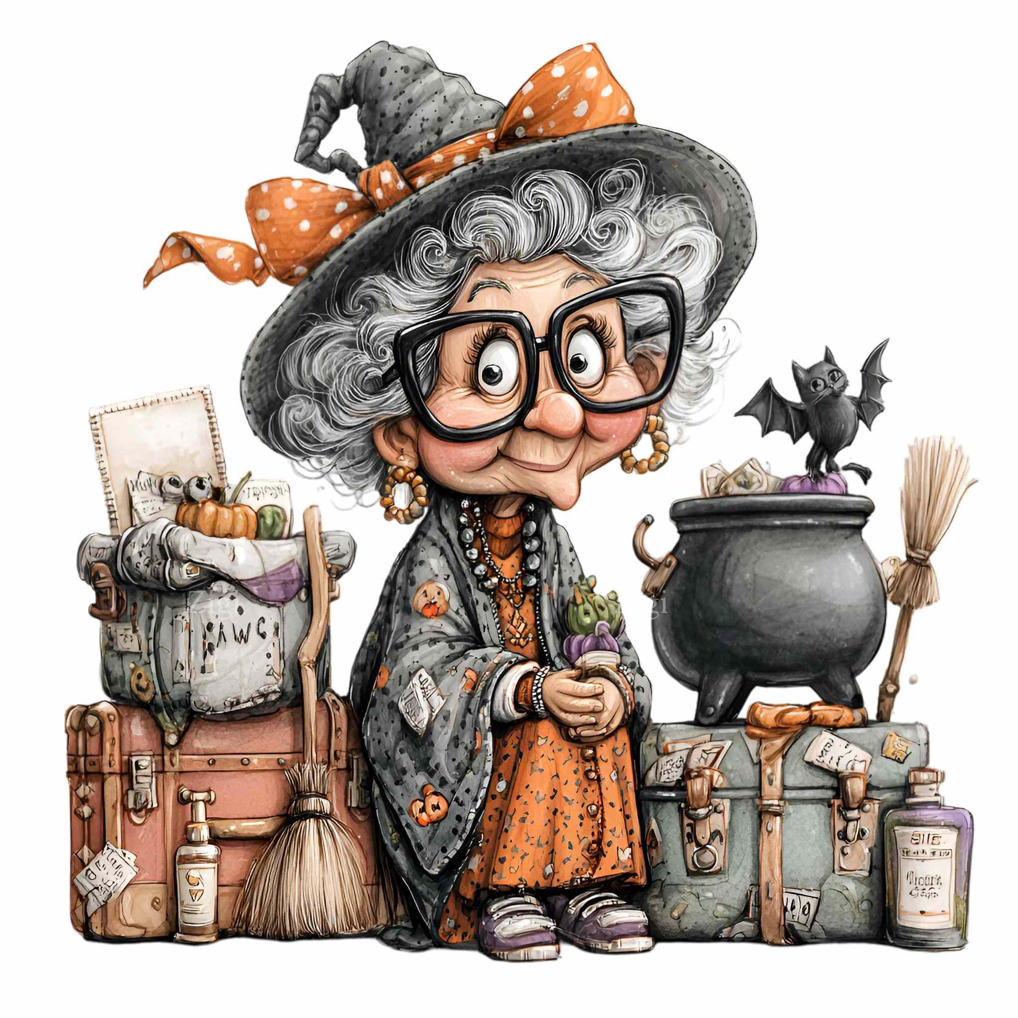 15 PNG Traveling Witch Clipart, Funny Halloween Grandma - Etsy