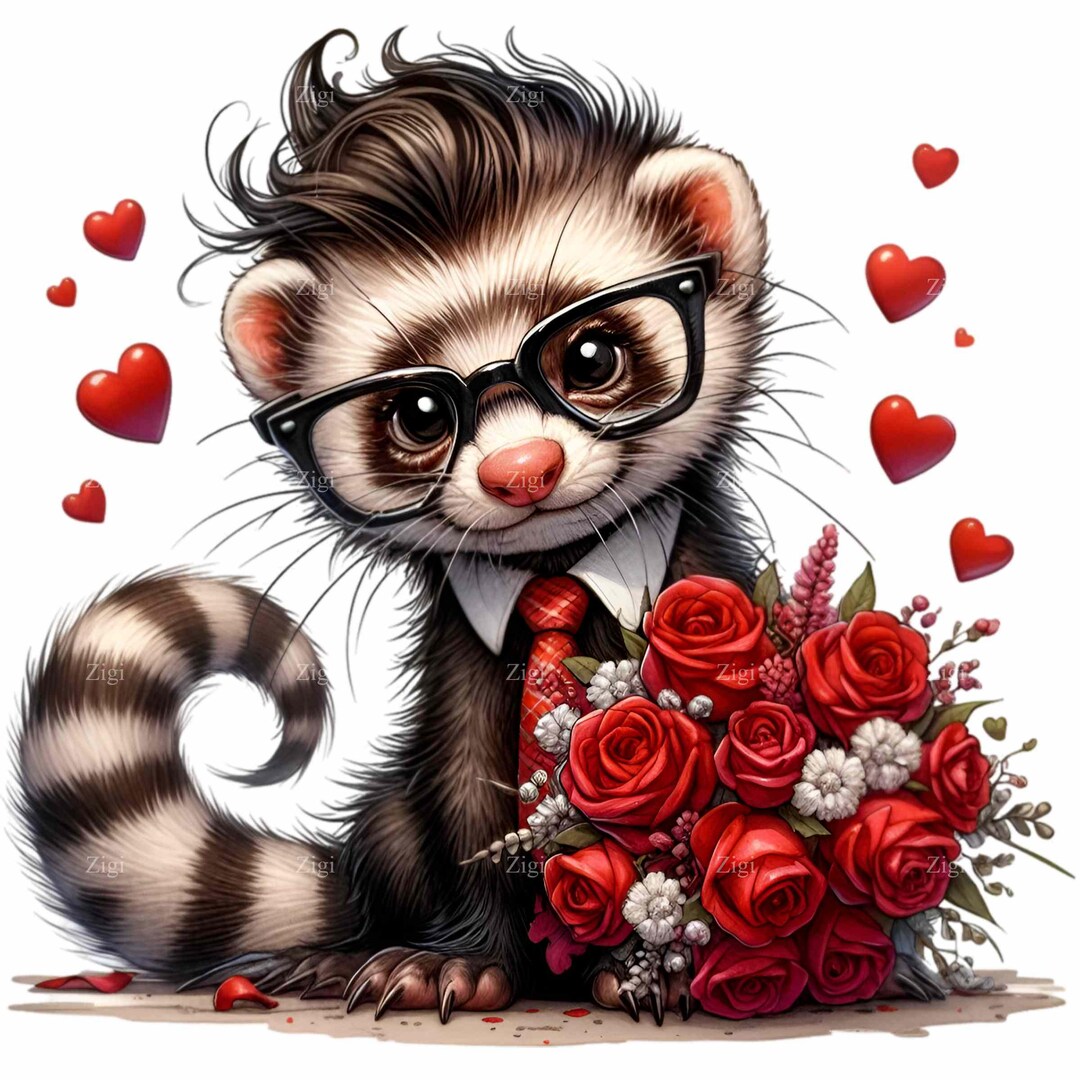 12 PNG Valentine Ferret Clipart, Love Ferret With Roses Hearts ...