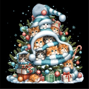 Christmas Kitten Tree Clipart 10 Cute Festive Cat Illustration in Santa ...