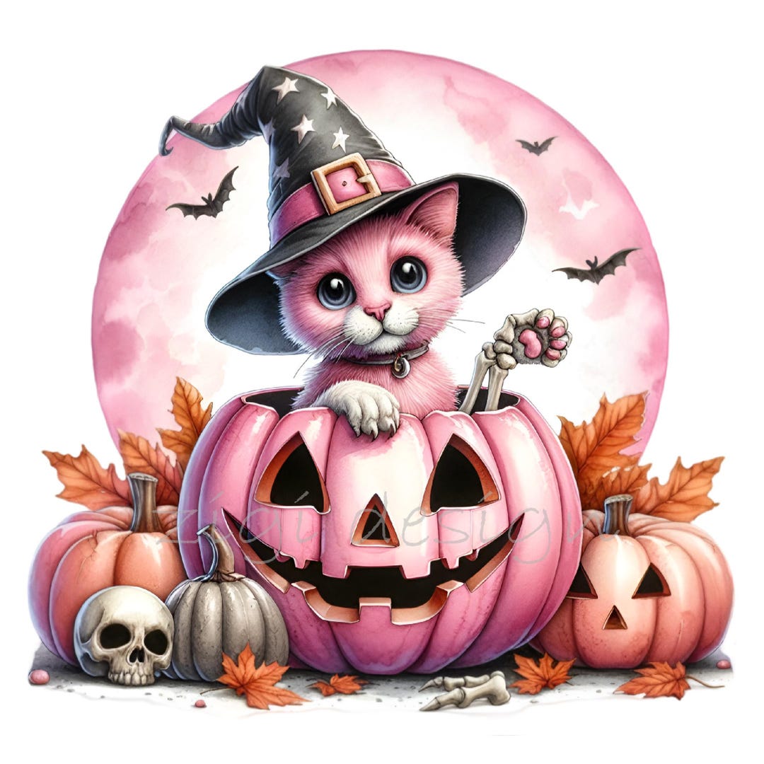 Pink Halloween Cat in Witch Hat PNG Clipart 18 Cute Pumpkin Decor ...