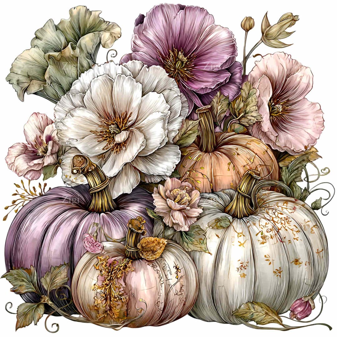 10 PNG Pastel Floral Pumpkins – Autumn PNG Clipart for Fall Cards ...
