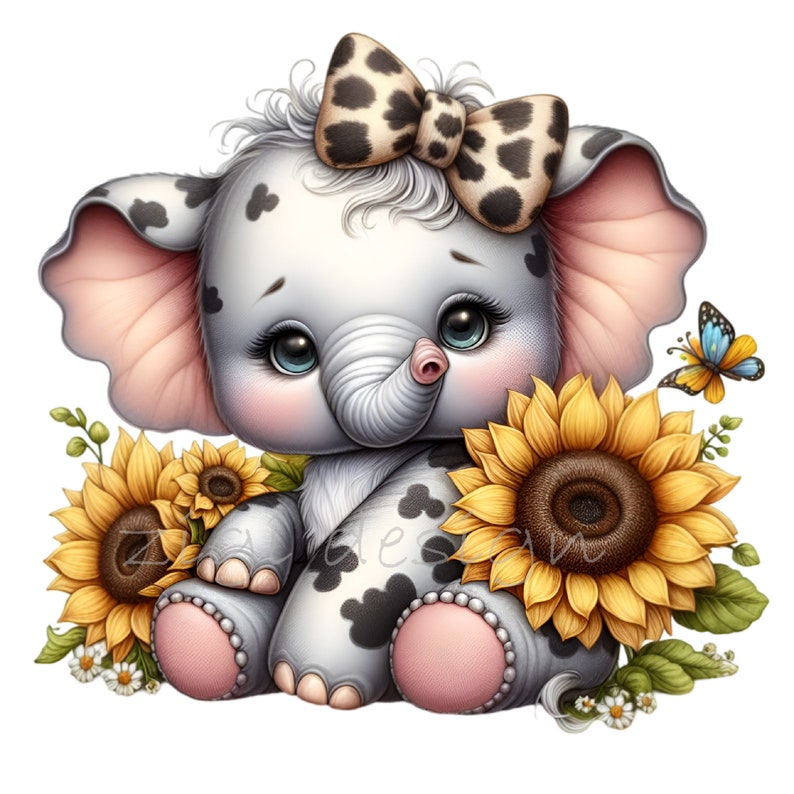 15 PNG Sunflower Elephant Clipart – Farm Baby Elephant With Bow, Floral ...
