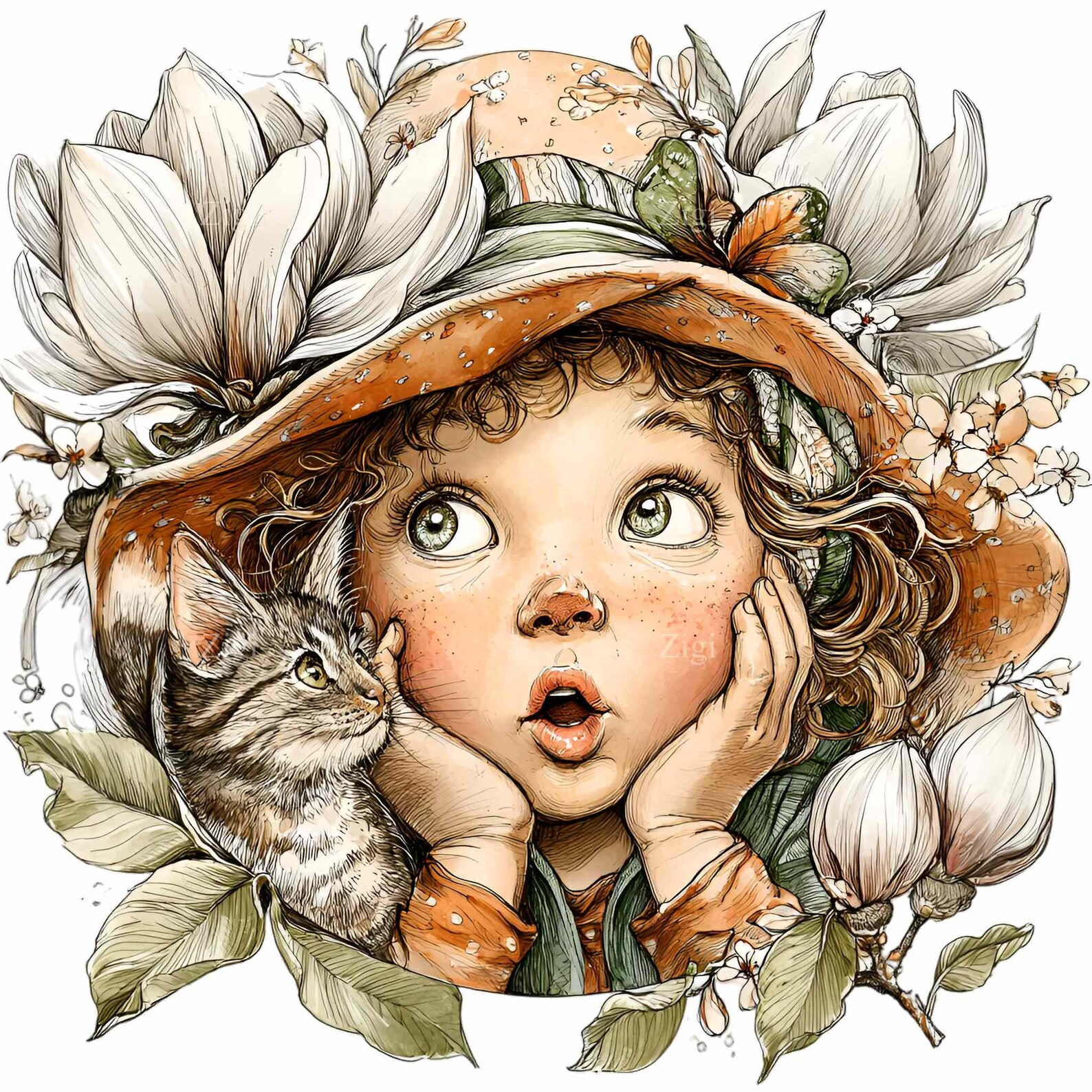 10 PNG Magnolia Girl Clipart – Red Hair PNG With Cat and Flowers ...