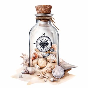 16 Compass PNG in Glass Bottle Clipart PNG, Nautical Seashell Beach ...