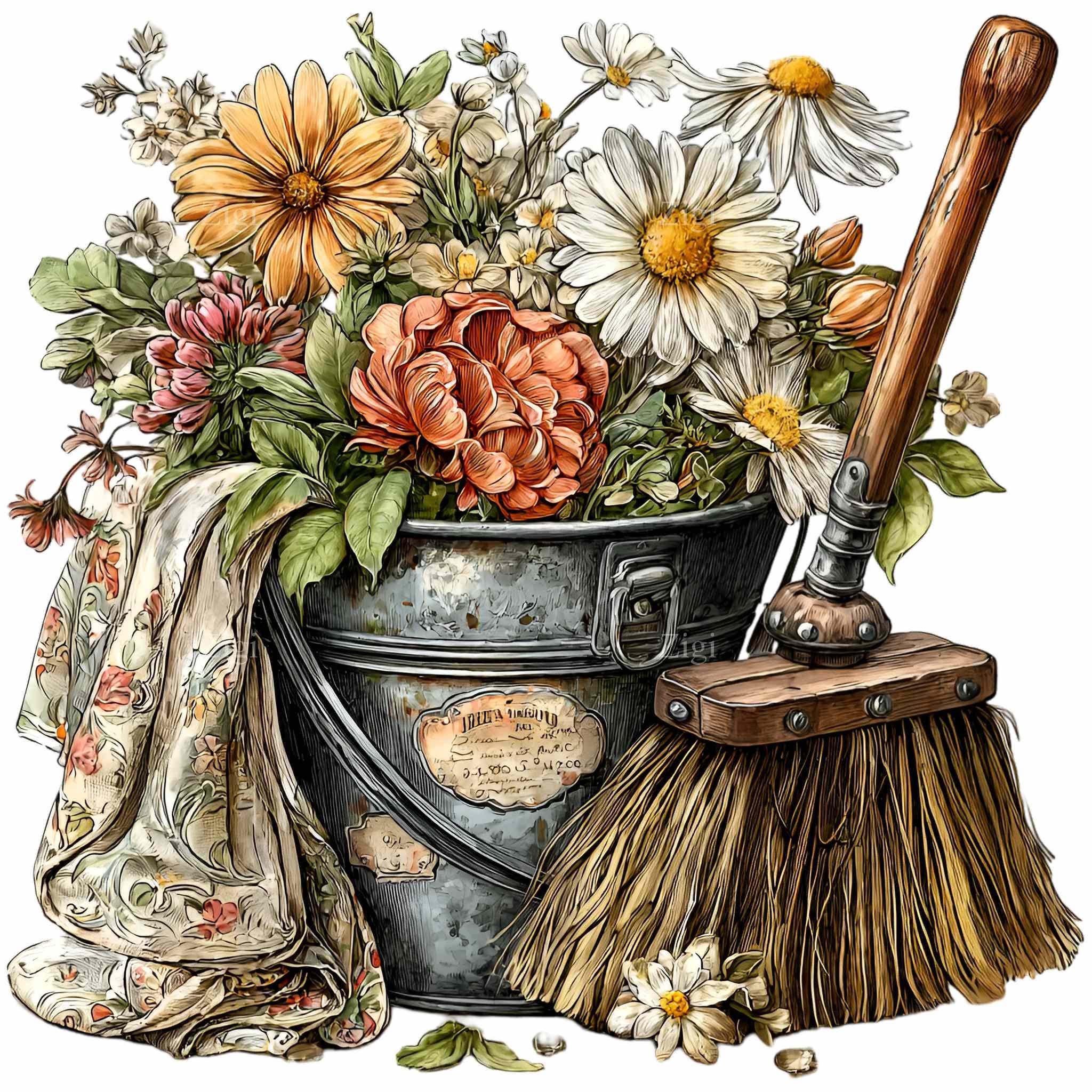 10 PNG Vintage Garden Tools PNG – Floral Bucket Clipart – Rustic Decor ...