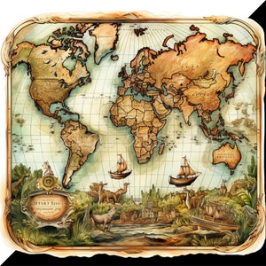 World Map Clipart 15 PNG, Watercolor Vintage Old Map Illustration, Clip ...