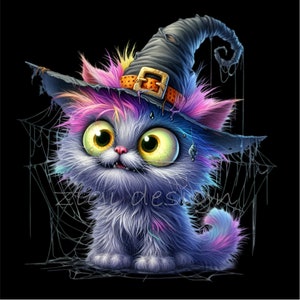 Witch Cat Clipart 10 PNG Halloween Cute Cat Illustration Fluffy Green ...