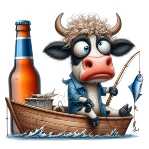 Fishing Cow Digital Clipart 15 PNG - Funny Cow Illustration With ...