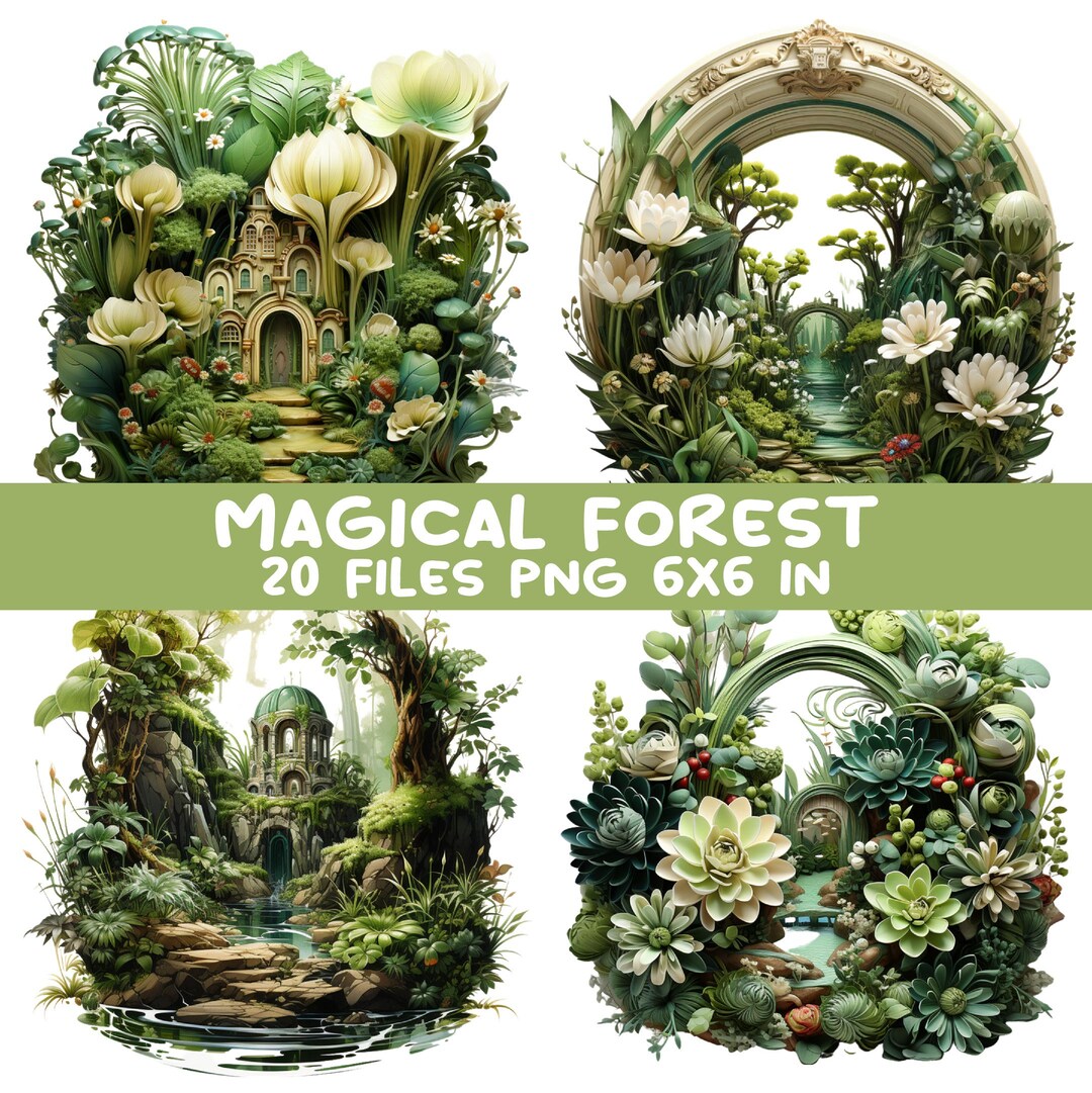 20 Magical Forest Clipart PNG Bundle, Watercolor Enchanted Greenery ...