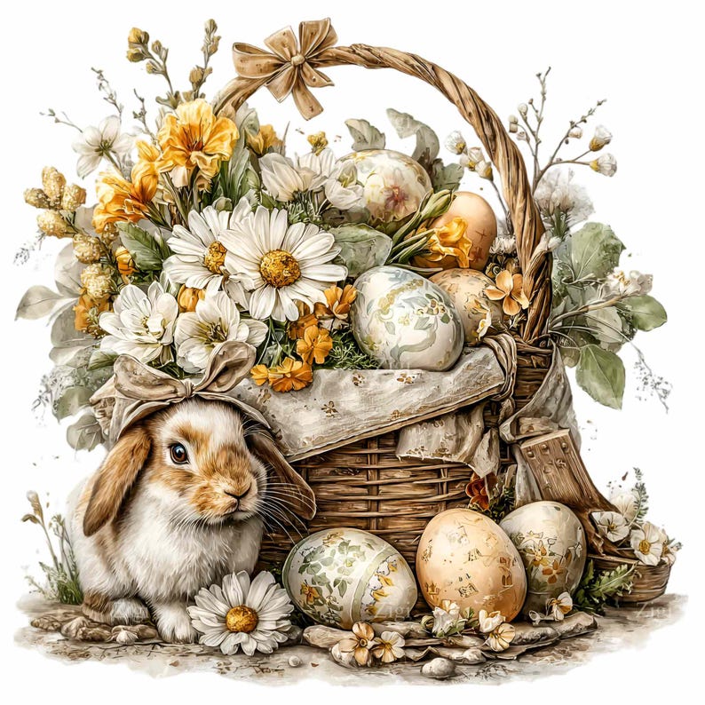 15 PNG Easter Rabbit Clipart, Floral Egg Basket Illustration Spring ...