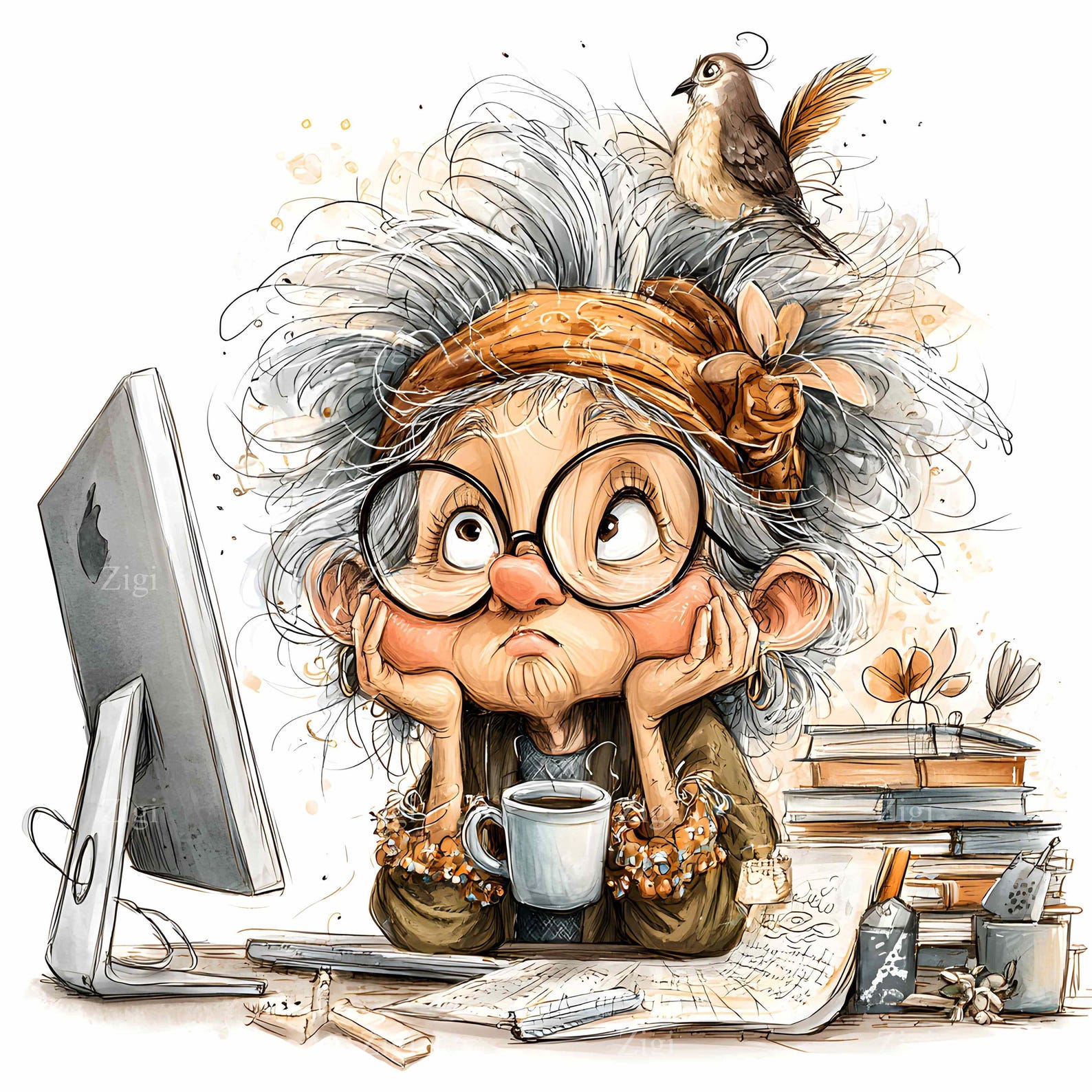21 JPEG Funny Grandma – Computer Desk JPG Clipart – Whimsical Office ...