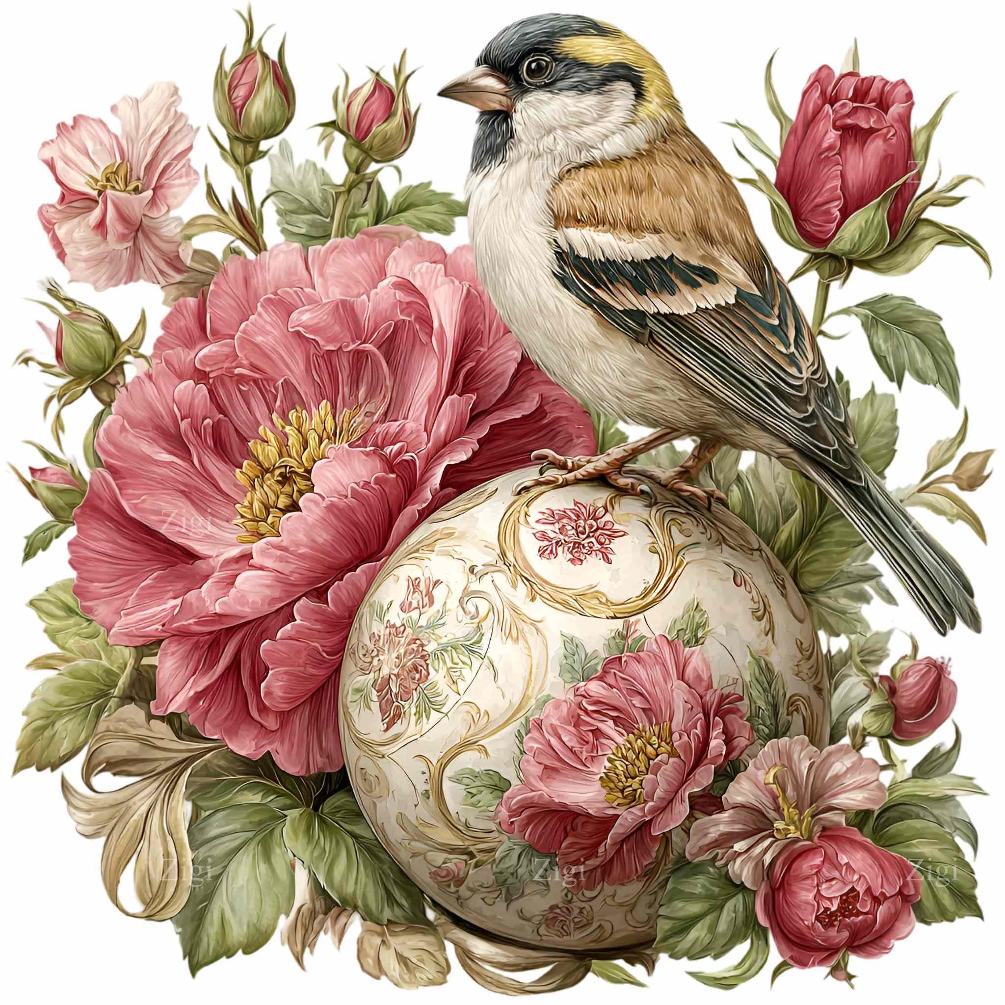 12 PNG Floral Bird Clipart – Spring Pink Bird, Vintage Flowers Prints ...