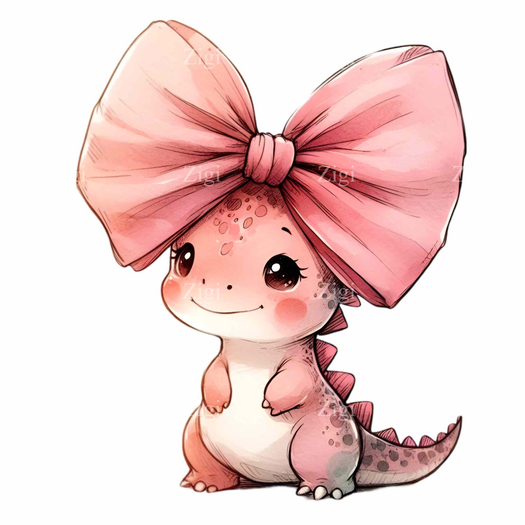Cute Dinosaur PNG Clipart, 12 Adorable Dino With Pink Bow, Kawaii Baby ...