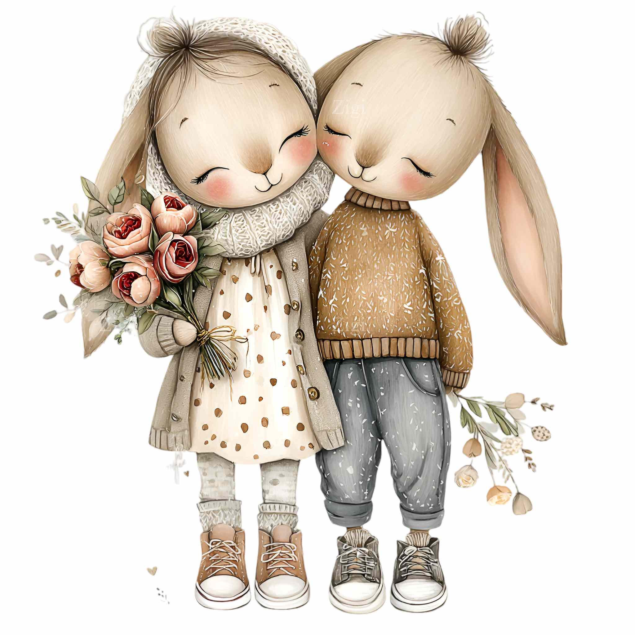 16 PNG Bunny Couple Clipart – Romantic Rabbit Illustration With Flowers ...