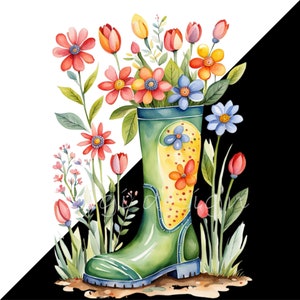 Floral Rain Boot PNG Clipart, 30 Watercolor Garden Boot & Flowers ...