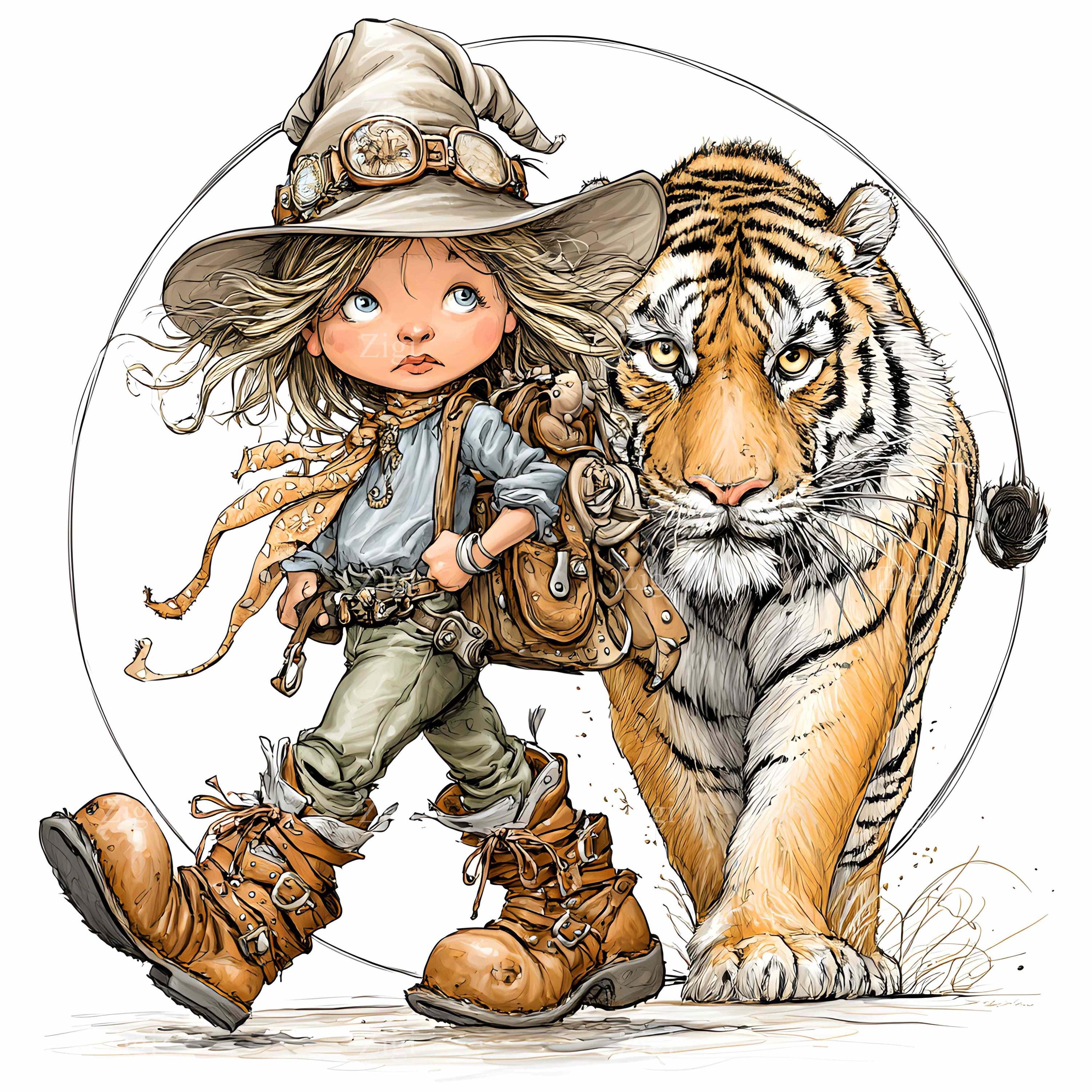 12 JPG Tiger Witch Clipart, Whimsical Girl Illustration, Fantasy ...