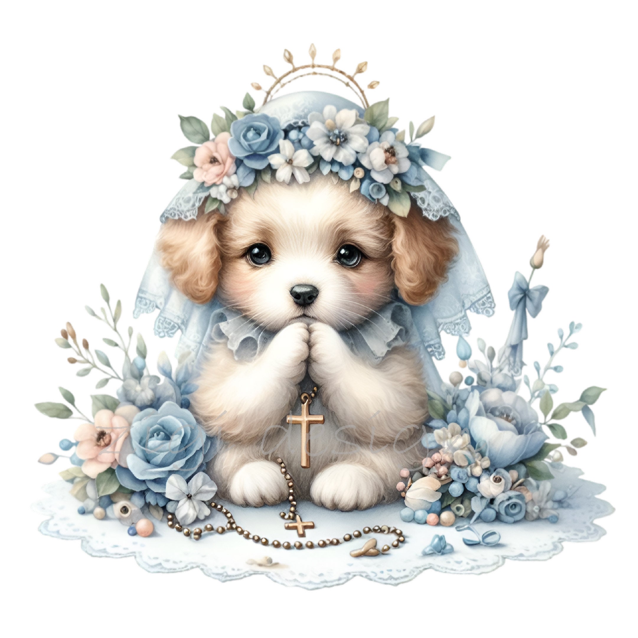 12 PNG Praying Puppy Clipart, Baptism Blue Floral Cross, Religious Dog ...