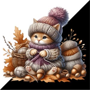 Knitting Kitten Clipart, 10 Cute Fall Cat PNG for Autumn Crafts ...
