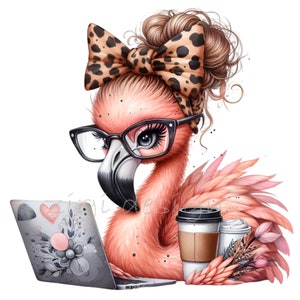 15 Flamingo PNG Clipart, Cute Flamingo With Glasses and Laptop, Digital ...