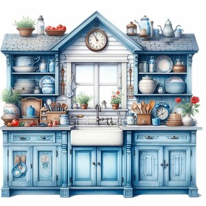 12 PNG Blue White Kitchen Hutch, Vintage Pantry Cabinet Clipart, Rustic ...