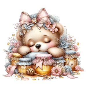 10 Cute Bear Honey PNG, Sleeping Bear With Honey Jars Clipart, Pastel ...