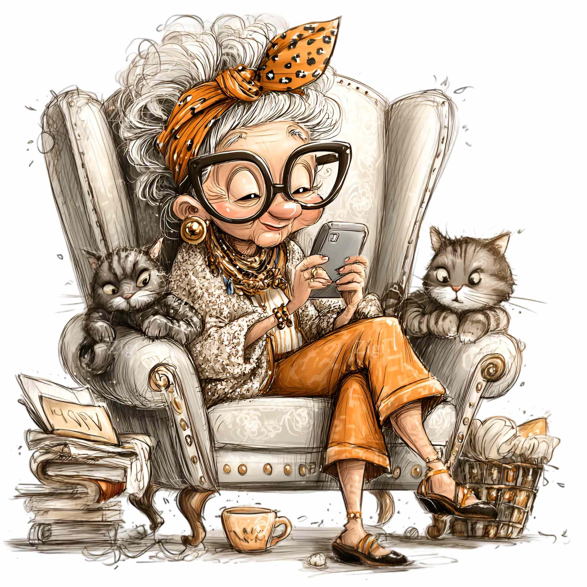 12 PNG Tech Granny Clipart – Funny Grandma With Phone and Cats PNG ...