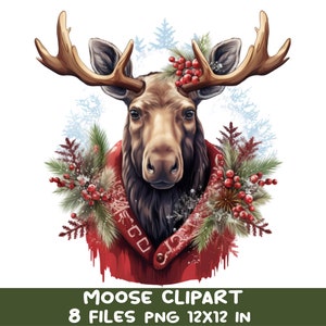 Christmas Moose Clipart Bundle, Watercolor 8 PNG Holiday Winter ...