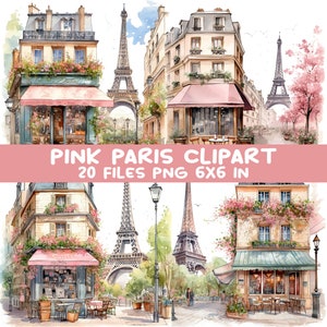 Pink Paris Clipart Bundle 20 Pastel Watercolor PNG, Eiffel Tower Café ...