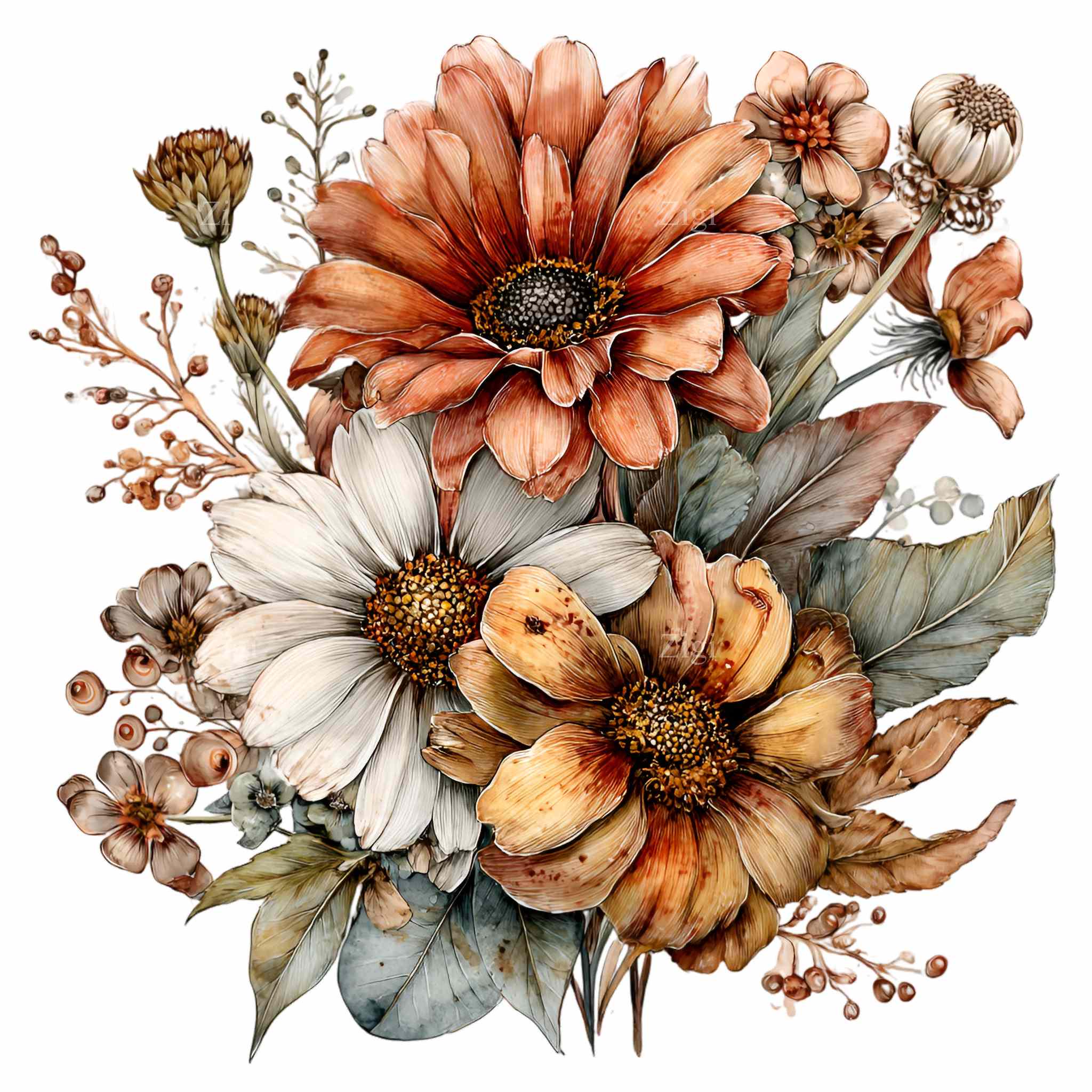 11 PNG Rustic Autumn Bouquet Clipart – Fall Floral Illustration for ...