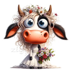 Cartoon Cow Bride, Funny Wedding Cow Clipart, Cute Animal Illustration ...