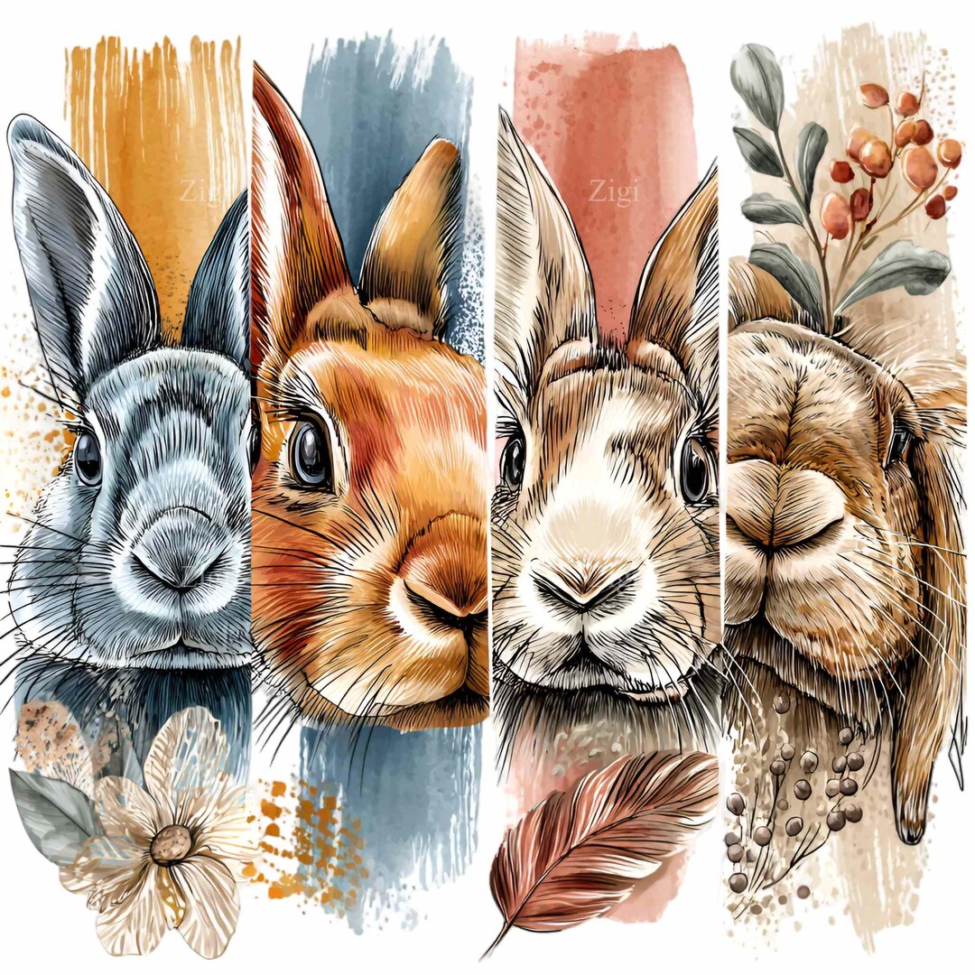 10 PNG Woodland Bunny, Botanical Rabbit Clipart, Watercolor Animal ...