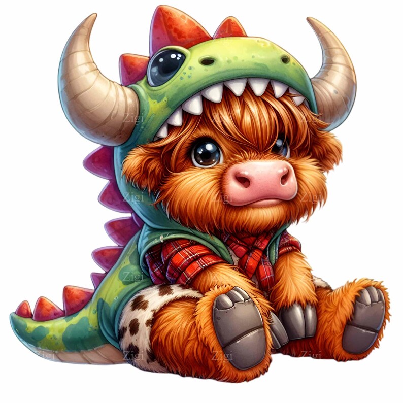 12 Highland Cow in Dino Costume PNG - Cute Fluffy Cow Digital Clipart ...
