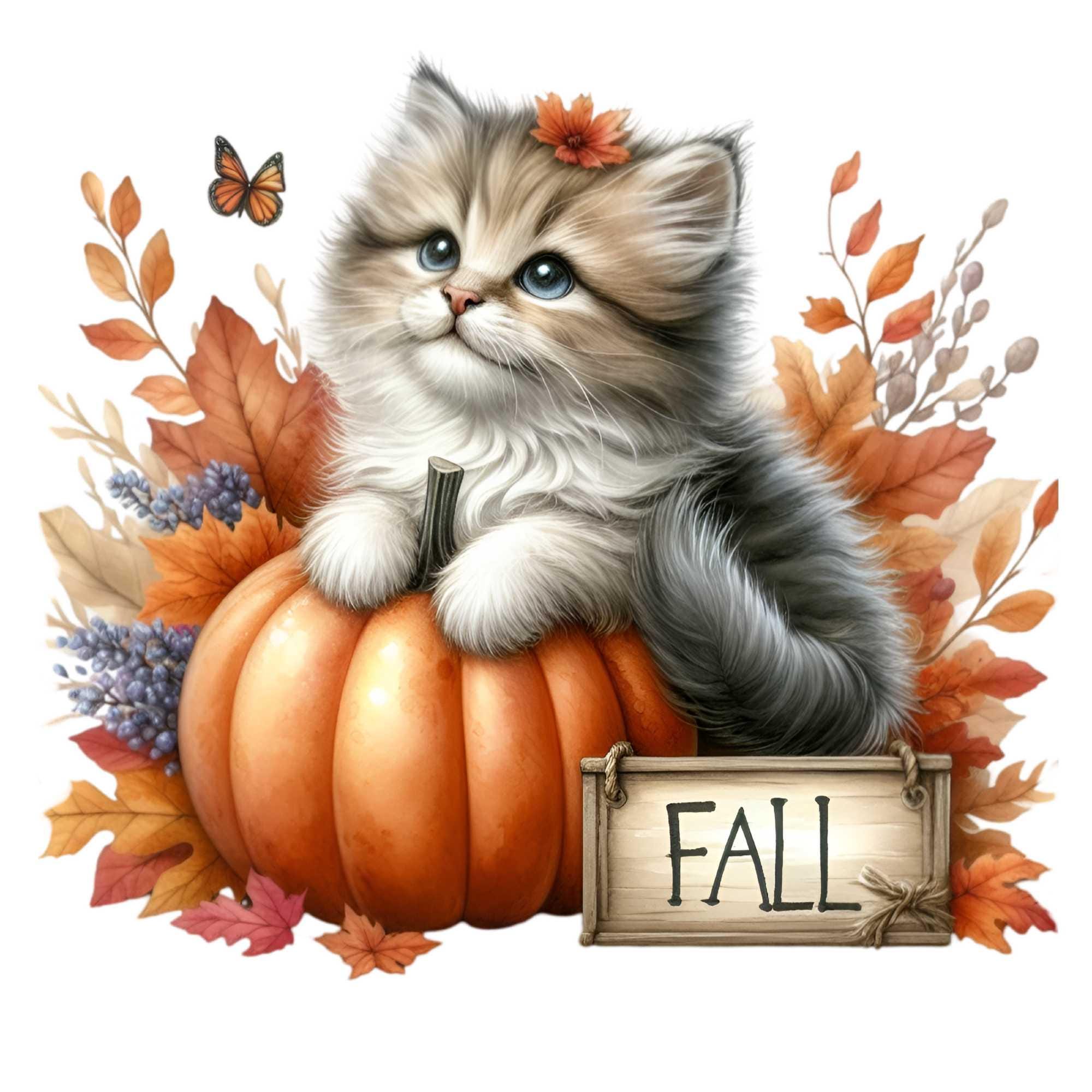 12 Fall Kitten PNG Clipart, Cute Fluffy Cat Sitting on Pumpkin With ...