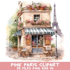 Pink Paris Clipart Bundle 20 Pastel Watercolor PNG, Eiffel Tower Café ...