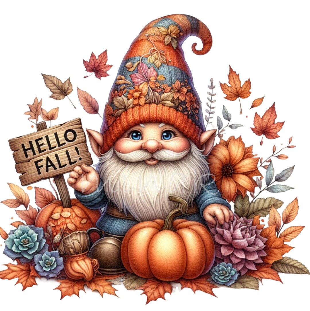 Fall Gnome Clipart, 10 PNG Watercolor Autumn Sign, Junk Journal, Card ...