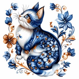 16 Blue Floral Cat PNG Clipart - Elegant Cat With Flowers Digital Art ...